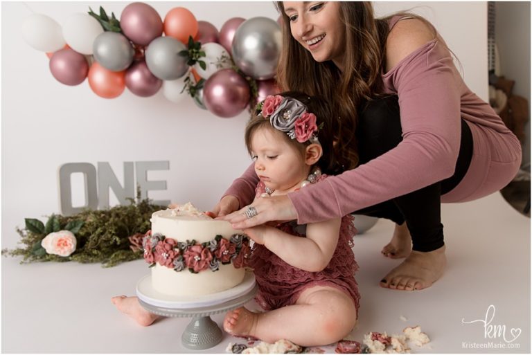 Finley's 1st Birthday - Blush, Mauve, and Silver Floral Cake Smash ...